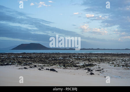 Lobos island, morning view seen from Corralejo Beach on Fuerteventura ...