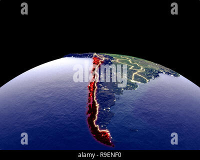 Chile from space at night on Earth with visible country borders. 3D ...