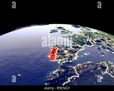Portugal from space at night on Earth with visible country borders. 3D ...