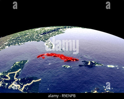 Cuba from space at night on Earth with visible country borders. 3D ...