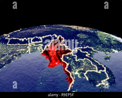 Myanmar from space on planet Earth at night with visible country ...