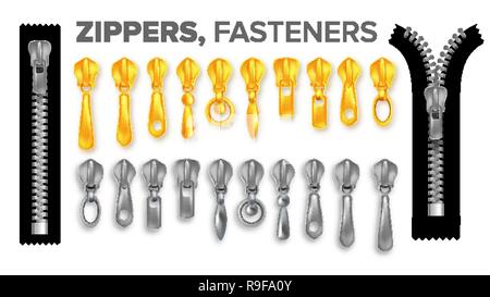 Sewing accessory zipper. Metallic open zippers and pullers. Stock vector illustration Stock ...