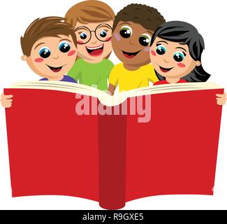 Smiling multiracial boy and girl reading books and talking to each ...