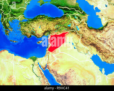 Syria from space on model of planet Earth with networks. Detailed ...
