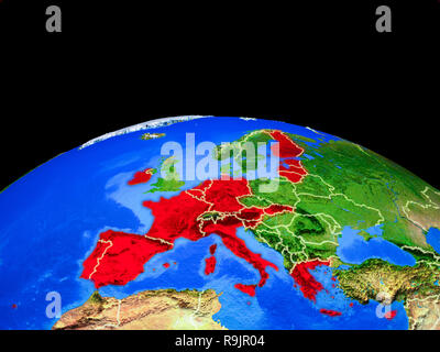 Eurozone member states on 3D model of Earth with water and divided ...