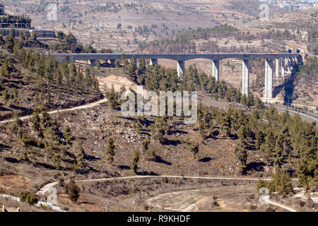Israel, Highway 1 between Tel Aviv to Jerusalem. Marking signs towards ...