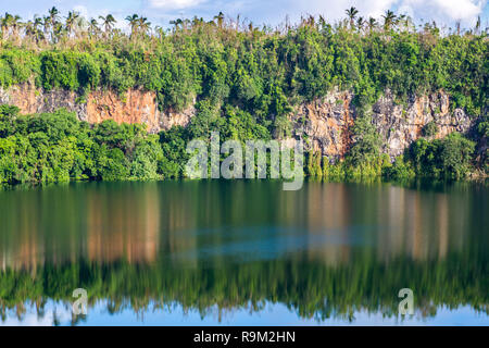 Spectacular volcanic crater lake Lalolalo in the island of Uvea (Wallis ...