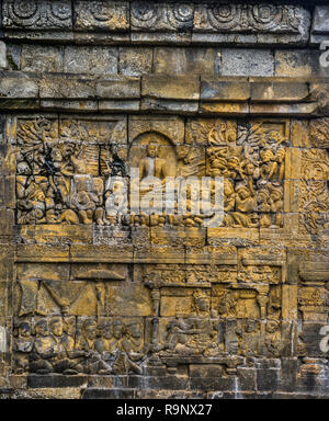 bas relief panel on a balustrade of 9th century Borobudur Buddhist ...