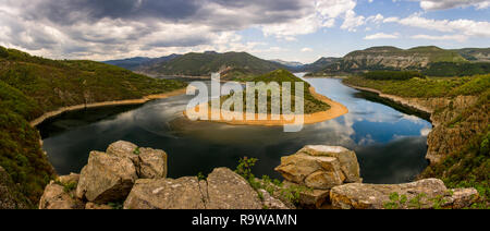 Bulgaria, Kurdjali dam, aerial view of meander in Arda river ...