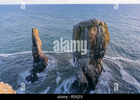 Aerial views over Stack Rocks, Castlemartin, Pembrokeshire, Wales Stock ...