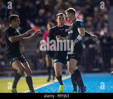 Saracens' David Strettle celebrates scoring the winning try during the ...