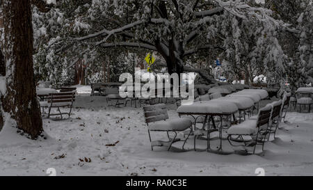 Picnic tables covered in snow. Kanaka Creek Riverfront Regional Park ...