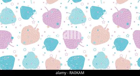 Strawberry seamless pattern with blue stars and green leaves Stock ...