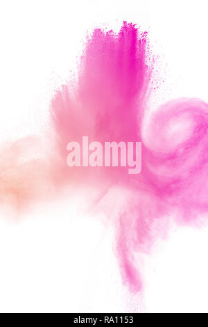 Pink particles splatter on white background. Pink powder exploding ...