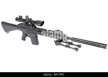 semi automatic sniper rifle with bipod and silencer isolated on a white ...