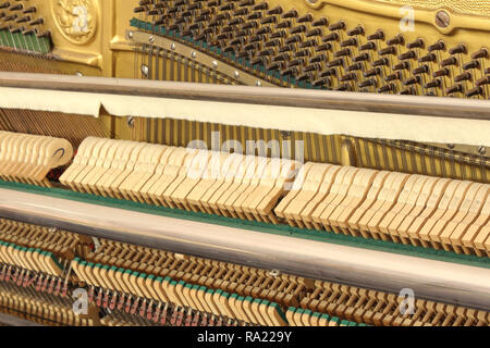 A close view of the mechanic of an upright piano, with tuning hitch ...