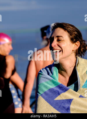 Clevedon, Somerset, UK. 1st Jan 2026. A bracing dip in the Marine Lake ...
