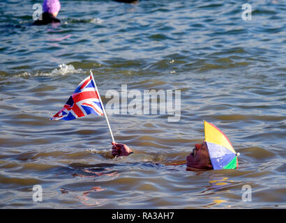 Clevedon, Somerset, UK. 1st Jan 2019. A bracing dip in the Marine Lake ...