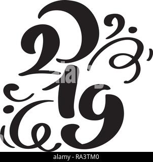 Handwritting flourish vector calligraphy text 2019. hand drawn New Year ...