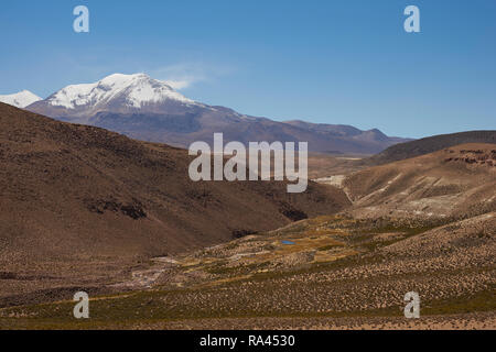 Snow capped peak of Volcano Guallatiri towering over the Lauca River ...