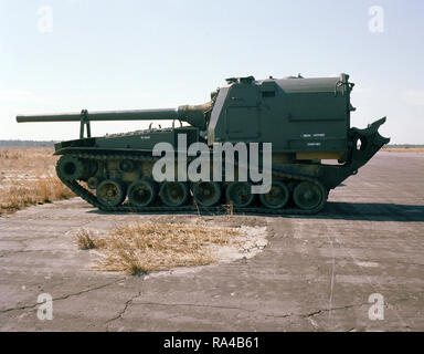 1979 - A left side view of an M53 155 mm self-propelled Howitzer used ...