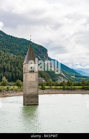 Church tower of Alt-Graun, Reschensee reservoir, Graun im Vinschgau ...