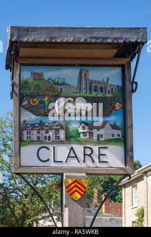 Clare village sign, Nethergate Street, Suffolk county, England, UK ...