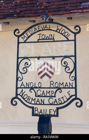 Village sign at Clare Ancient House Museum, High Street, Clare, Suffolk ...