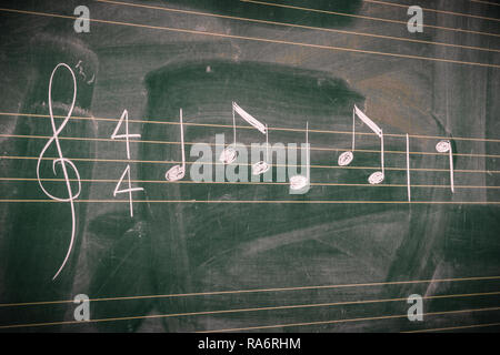 Random music notes written with chalk on a blackboard. Music composing ...