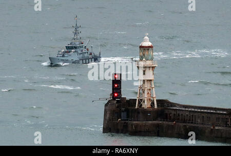 HMC Searcher, one of four cutter ships patrolling UK waters, arrives at ...