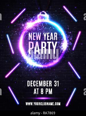 New years party invitation poster or flyer with 80s neon style and ...