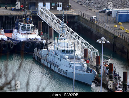 HMC Searcher, one of four cutter ships patrolling UK waters, arrives at ...
