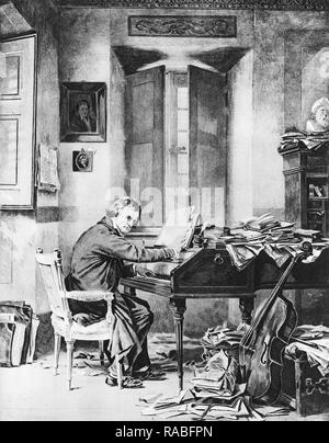 Composer Ludwig van Beethoven at work in his music studio, circa 1820 ...