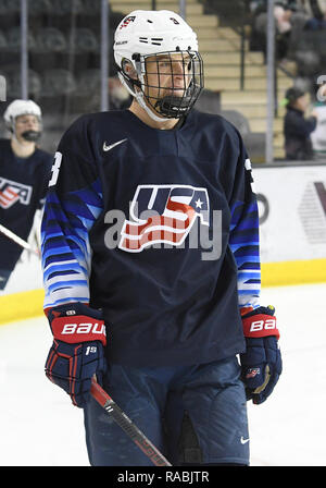 U.S. National Under-18 team forward Logan Cooley (18) attempts to steal ...