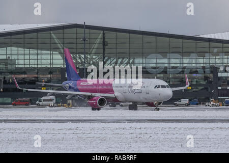Wizz Air airplane taxiing is seen at Gdansk Lech Walesa Airport in ...