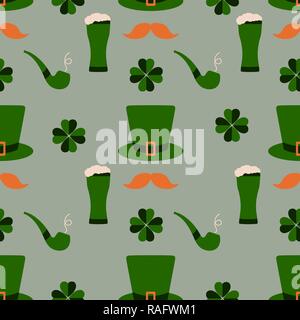 Seamless pattern with clover leaves, mustache, glass of beer, hat ...