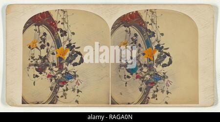 Hanging flower arrangment by a mirror, about 1865, Hand-colored Albumen ...