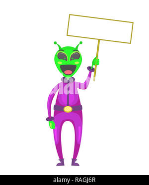 Alien holding blank signs. Aliens standing illustration Stock Photo - Alamy