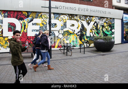 Mural by Peter Barber in Derby city centre captioned Nothing Ever ...
