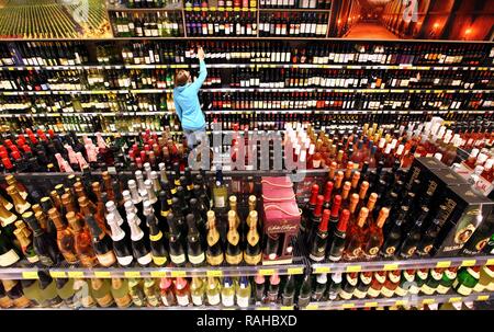 Beverage section, alcoholic beverages, self-service, food department ...