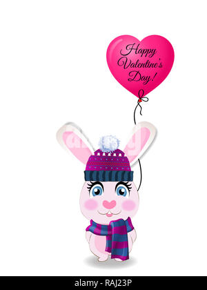 A cute rabbit in a hat, scarf and mittens catches snowflakes ...