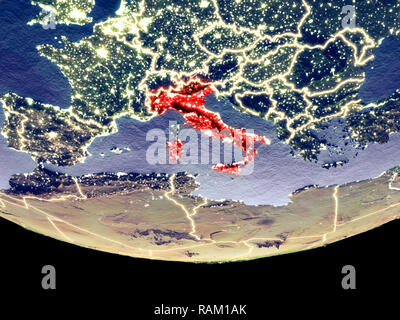 Italy from space at night with visible country borders. 3D illustration ...