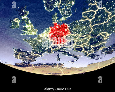 Germany from space at night with visible country borders. 3D ...