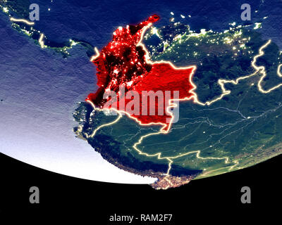Colombia from space at night with visible country borders. 3D ...