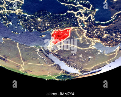 Syria from space at night with visible country borders. 3D illustration ...