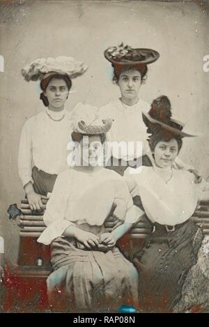 Portrait of four young women with hats, Anonymous, 1906. Reimagined by ...