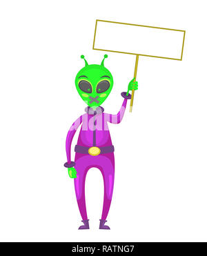 Alien holding blank signs. Aliens standing illustration Stock Photo - Alamy