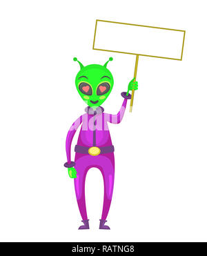 Alien holding blank signs. Aliens standing illustration Stock Photo - Alamy