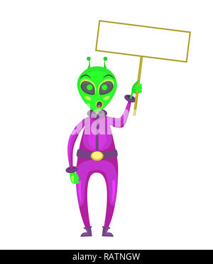 Alien holding blank signs. Aliens standing illustration Stock Photo - Alamy