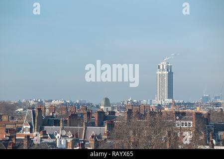 The London skyline, Chelsea chimneys and roof tops in the foreground ...